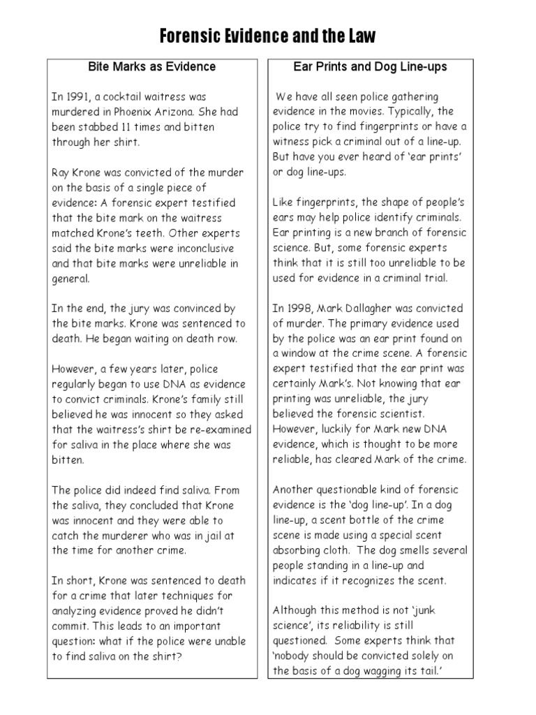 Forensic Evidence and The Law: Bite Marks As Evidence Ear Prints and ...