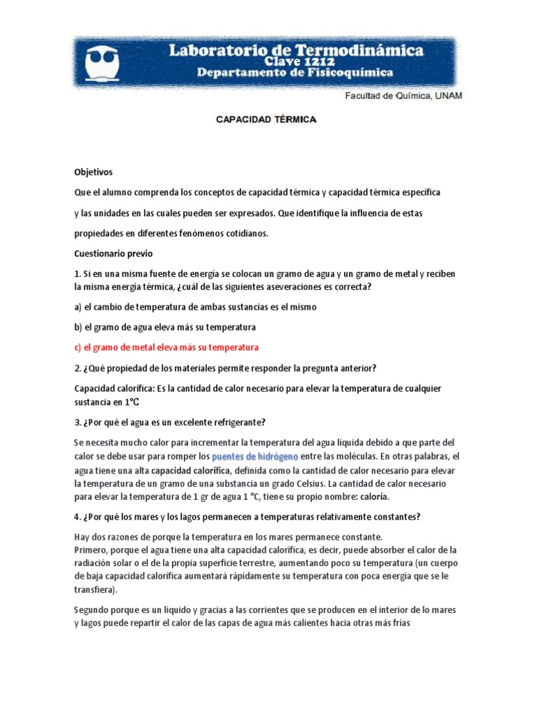 Capacidad Térmica del Agua en Práctica 6 | PDF | Capacidad calorífica ...