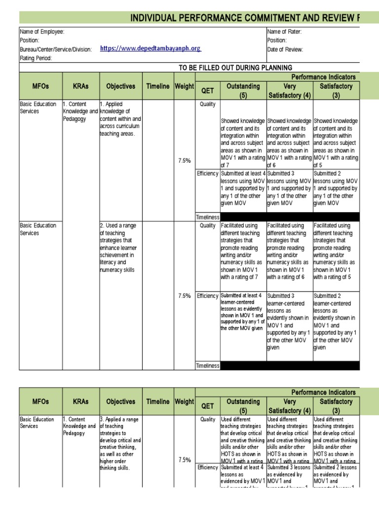 Individual Performance Commitment and Review Form (Ipcrf) For Teacher I ...