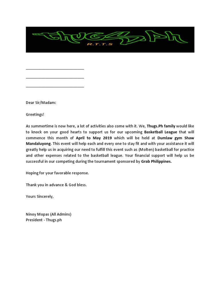 Thugs Basketball Solicitation Letter | PDF
