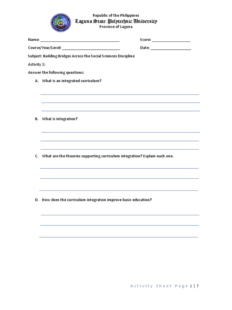 Integrated Curriculum Activity Sheet | PDF | Interdisciplinarity ...