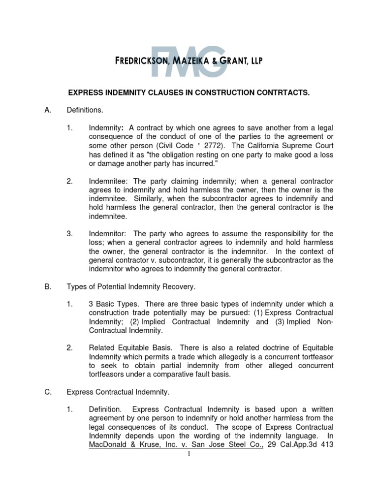 Express Indemnity Clauses in Construction Contracts | PDF | Indemnity | Liability Insurance
