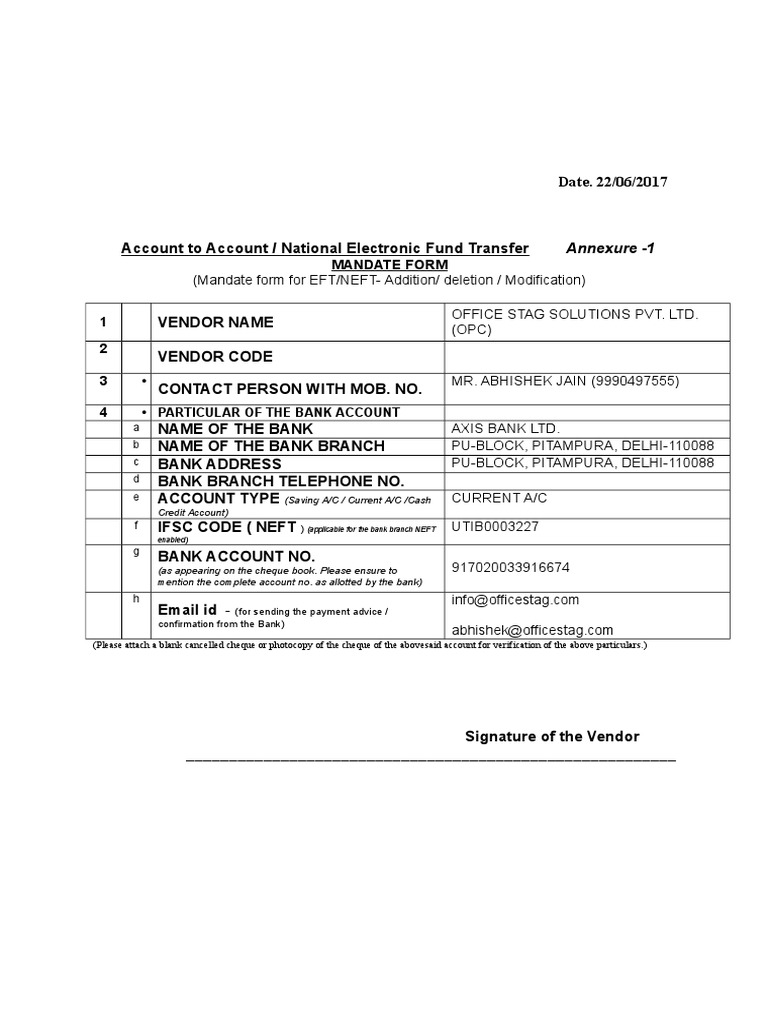 Mandate Form: Particular of The Bank Account | PDF