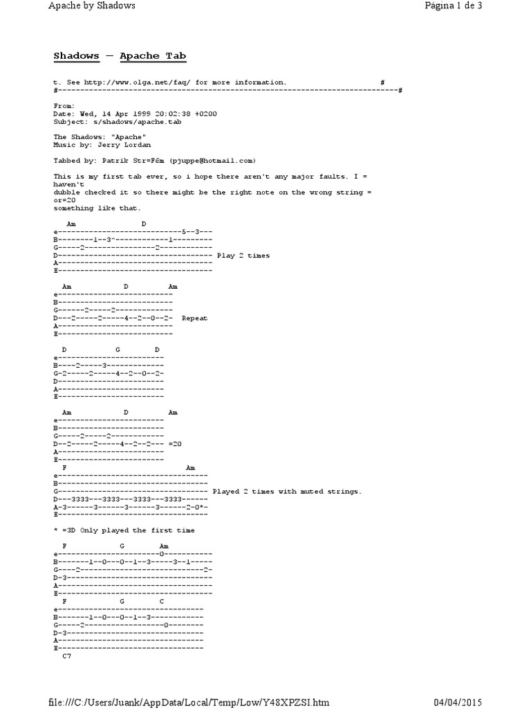 Shadows - Apache Tab | PDF | British Musical Groups | Rock Music