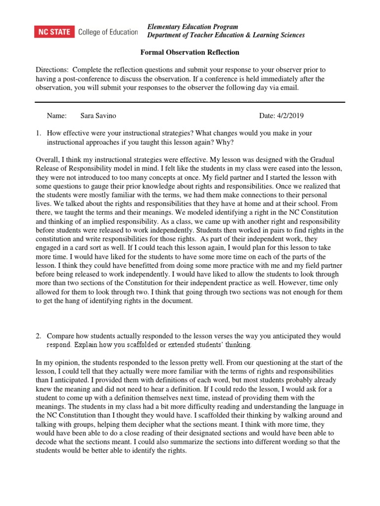 Formal Observation Reflection: Elementary Education Program Department ...