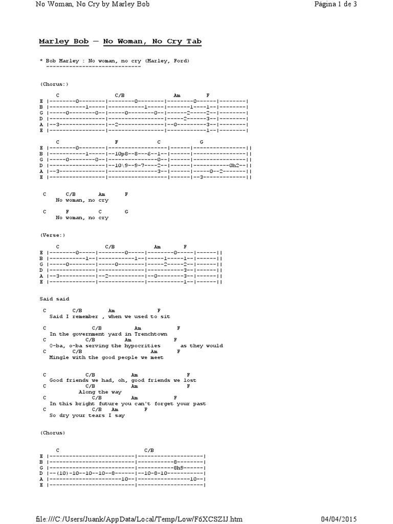 Marley Bob - No Woman, No Cry Tab | PDF | Song Recordings | Song ...