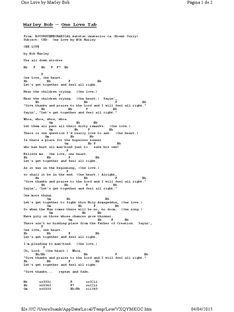 Marley Bob - One Love Tab | PDF | Leisure