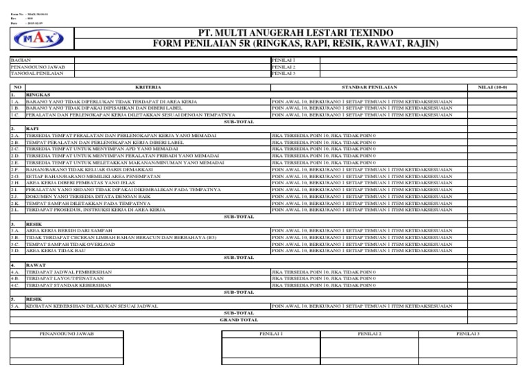 Form Penilaian 5r Ringkas Rapi Resik Rawat Rajin Rev 00 PDF | PDF