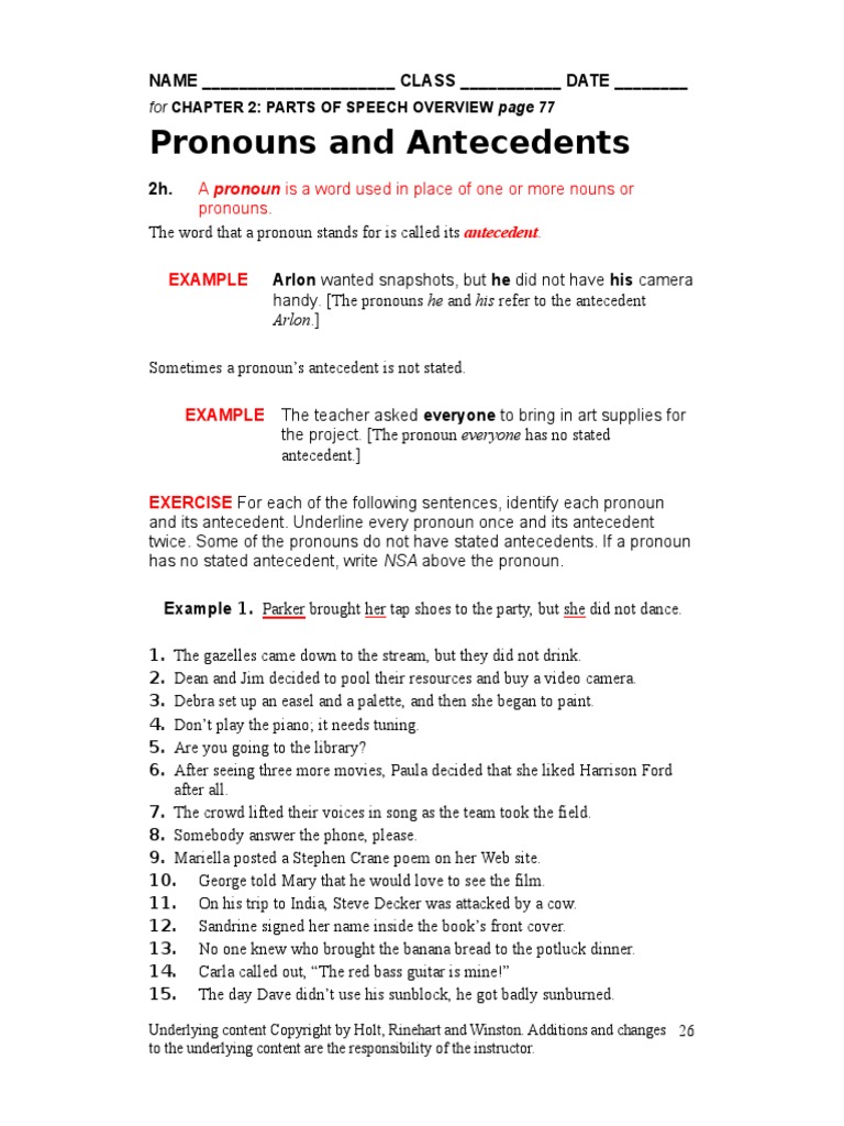 Worksheet 26 Pronouns and Their Antecedents | PDF | Pronoun | Syntactic ...
