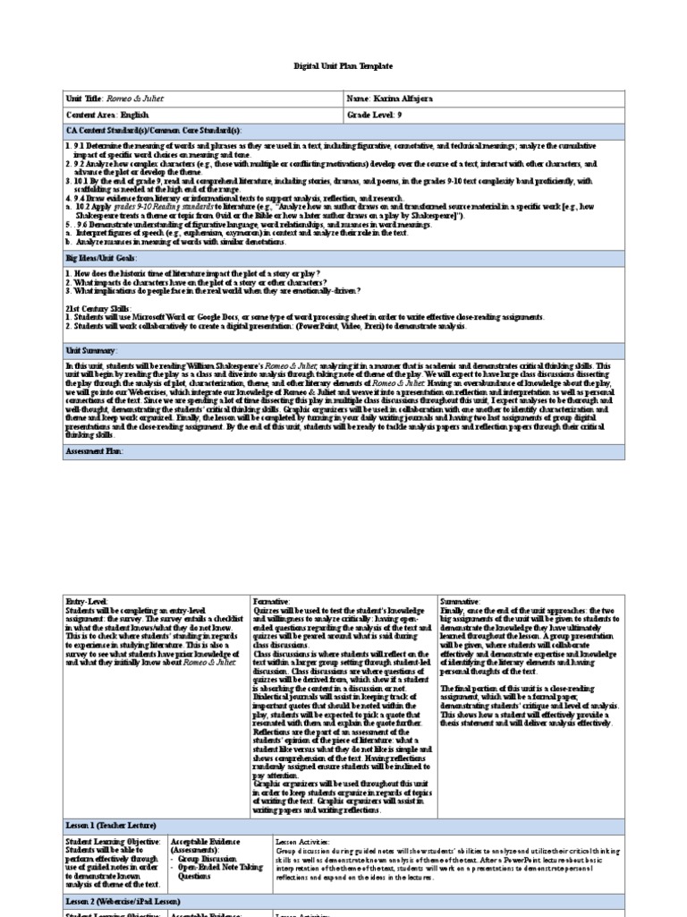 Digital Unit Plan Template 1.1.17 | PDF | Critical Thinking | Lecture
