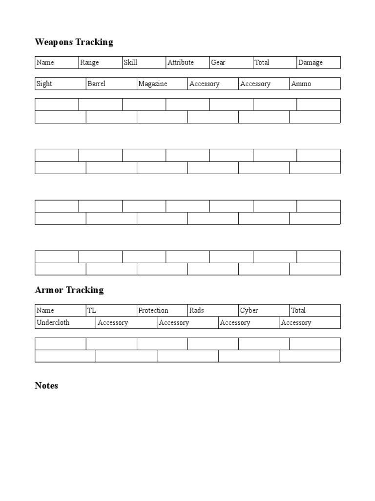 Weapons Armor Tracking Sheet | PDF