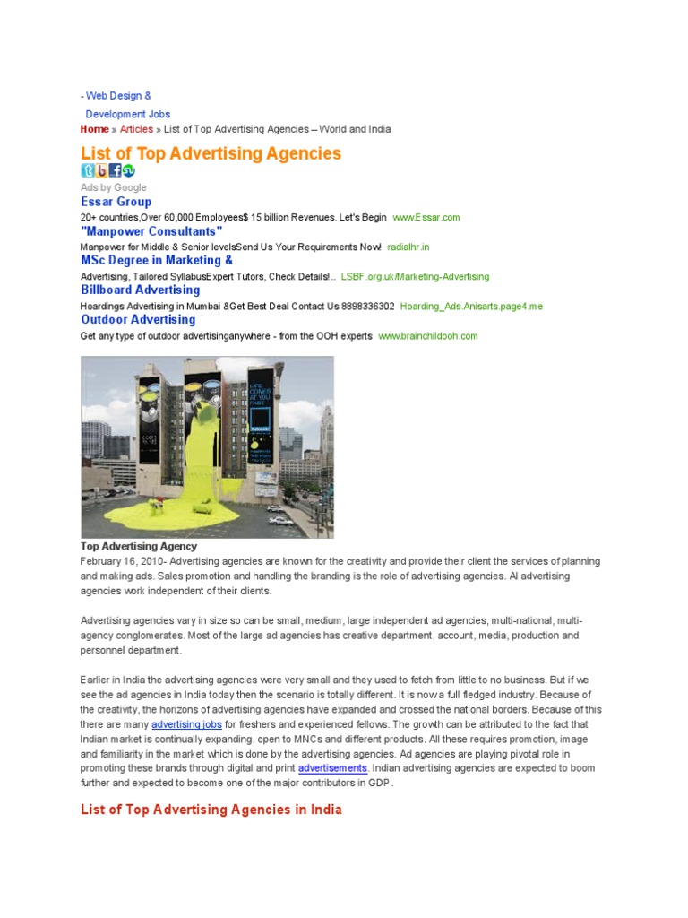 List of Top Advertising Agencies | PDF | Advertising | Billboard