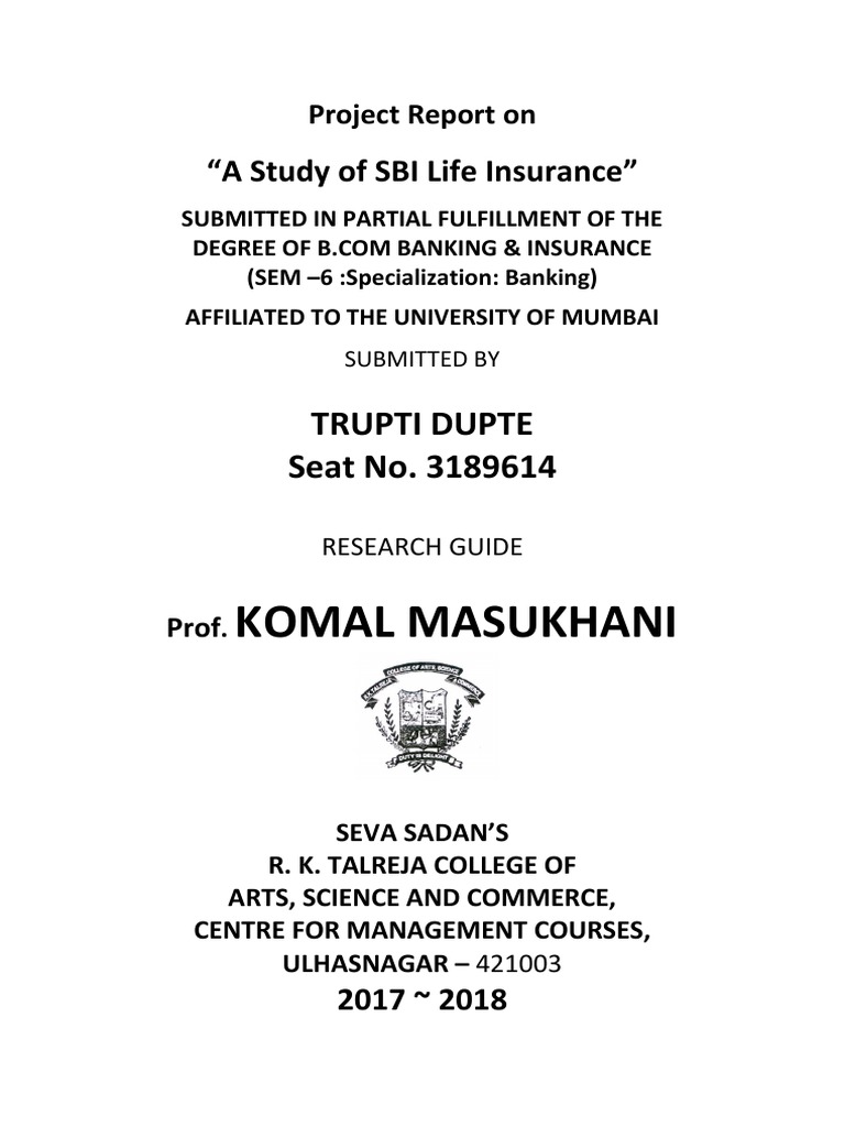 Project On Study of Sbi Life Insurance | PDF | Insurance | Business