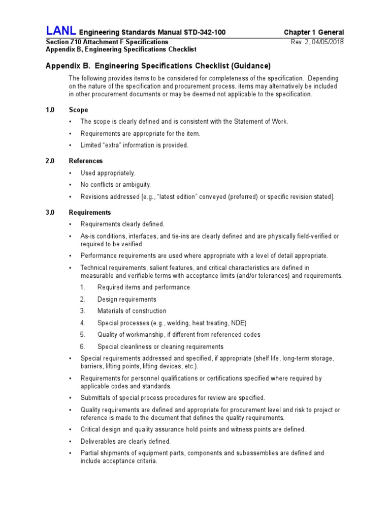 Appendix B. Engineering Specifications Checklist (Guidance) | PDF | Specification (Technical ...