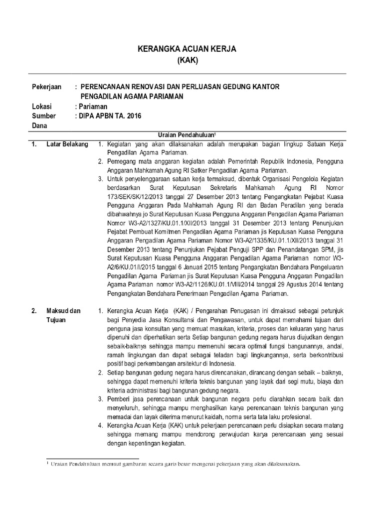 Kerangka Acuan Kerja (Kak) PDF | PDF