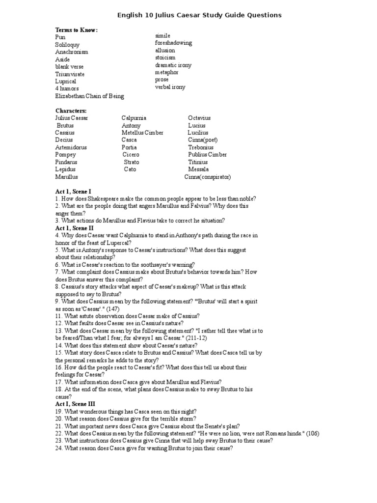 BHS ELA English 10 Julius Caesar Study Guide | PDF | Julius Caesar ...