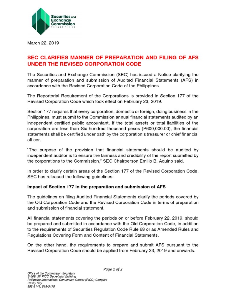 2019 Sec Clarifies Manner of Preparation and Filing of Afs Under The ...