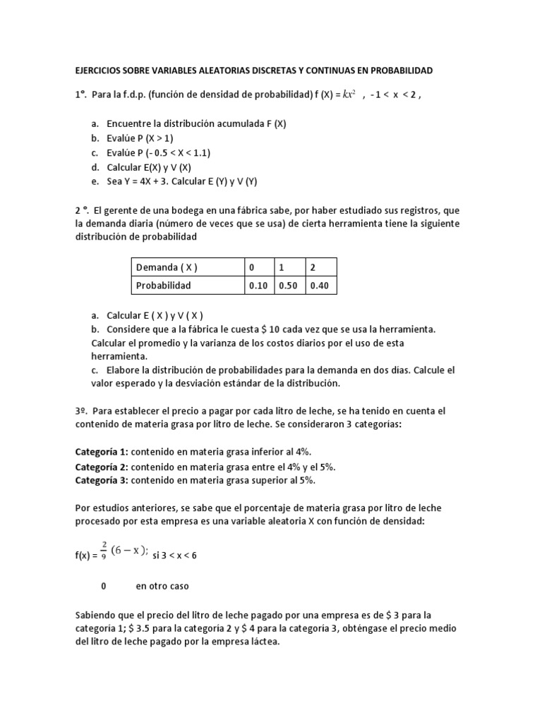 Ejercicios Sobre Variables Aleatorias Discretas y Continuas en Probabilidad | PDF | Variable ...