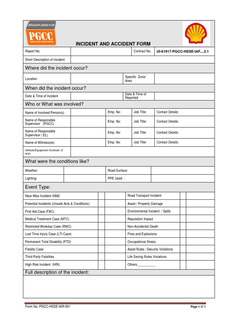 Incident and Accident Form: UI-61917-PGCC-HSSE-IAF 3.1 | PDF ...