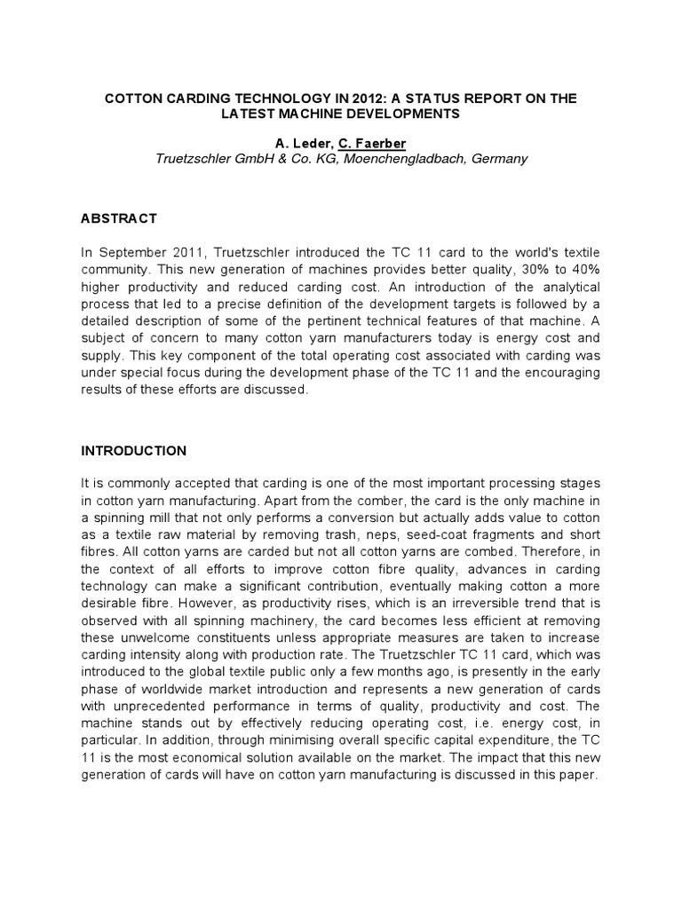 TC 11 Carding | PDF | Spinning (Textiles) | Cotton
