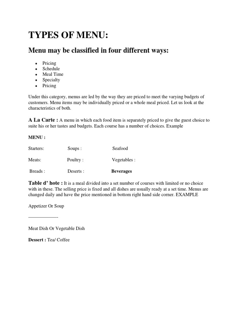 Types of Menu PDF | PDF | Menu | Meal