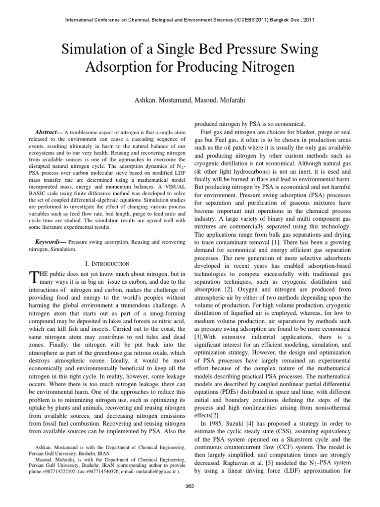 Simulation Of A Single Bed Pressure Swing Adsorption For Producing Nitrogen Pdf Adsorption