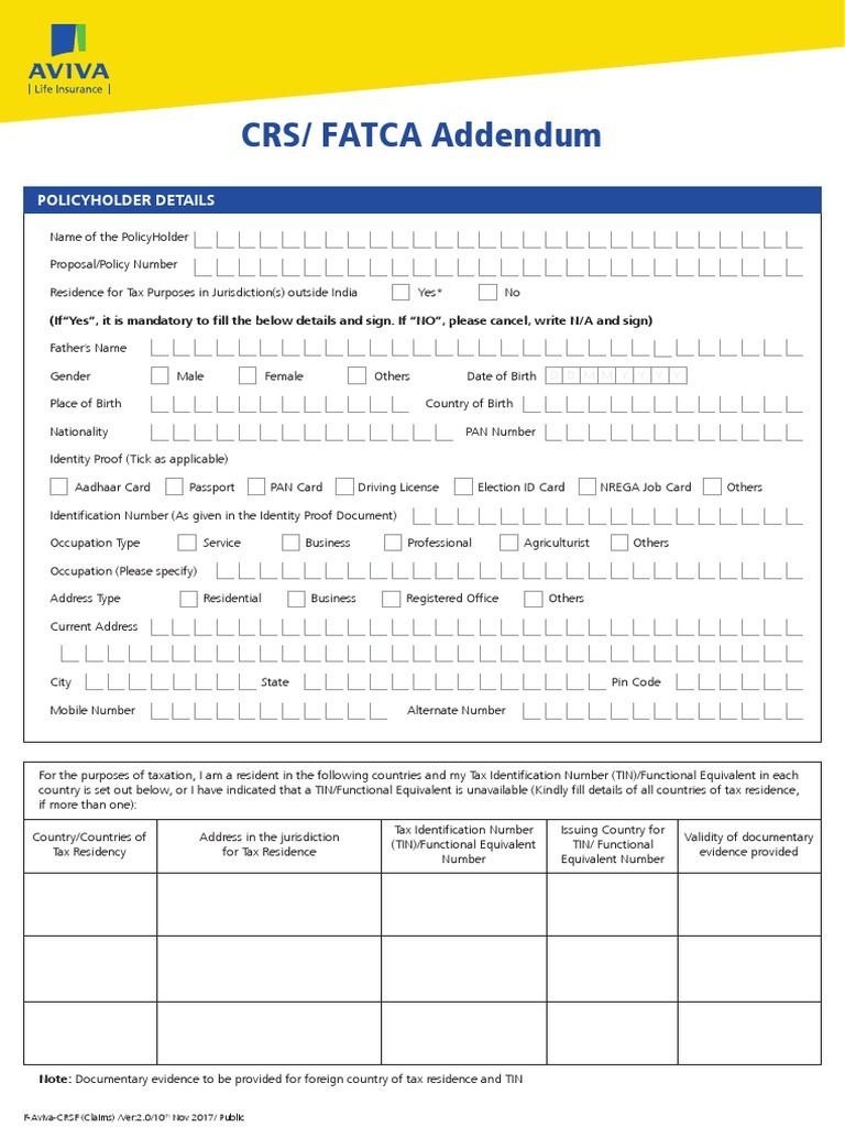 Aviva Crs Form | Download Free PDF | Identity Document | Government