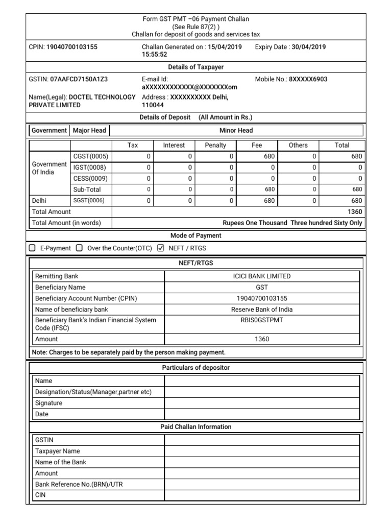 GST PMT-06 Payment Challan for Doctel | PDF | Cheque | Service Industries