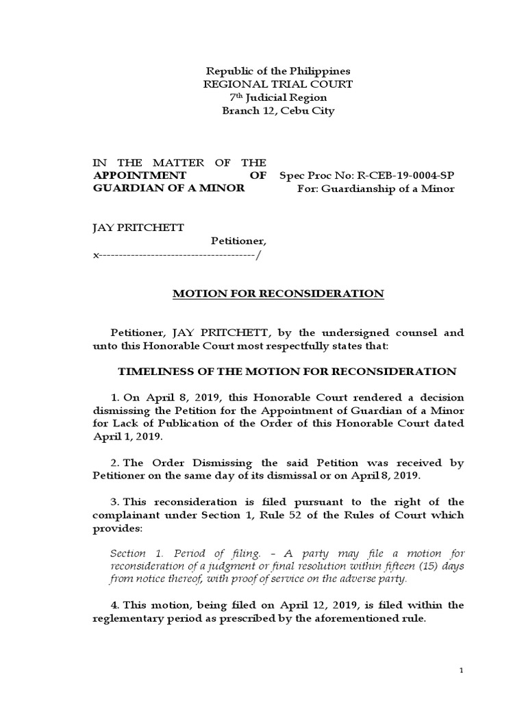 Motion For Reconsideration Format | PDF | Judgment (Law ...