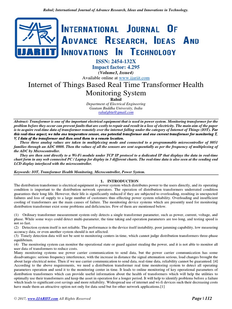 Internet of Things Based Real Time Transformer Health Monitoring System ...