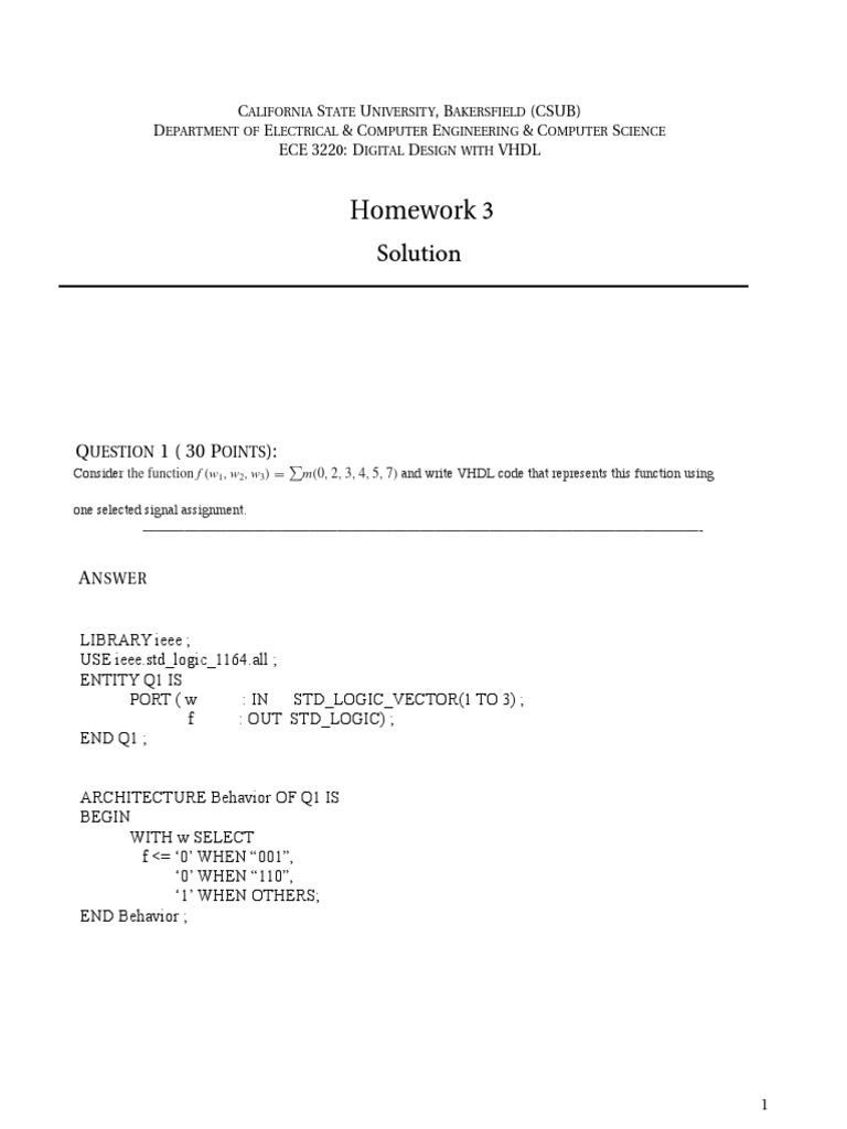 Homework 3 Solution C S U B Csub D E And C E And C S Ece 3220 D D Vhdl Pdf Teaching Methods