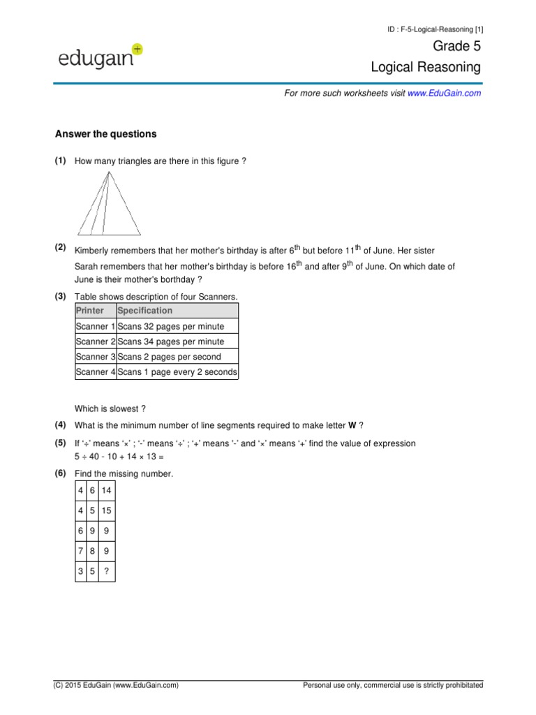 Grade 5 Logical Reasoning: Answer The Questions | PDF | Image Scanner ...