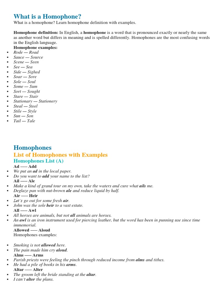 What Is A Homophone?: List of Homophones With Examples | PDF | Nature