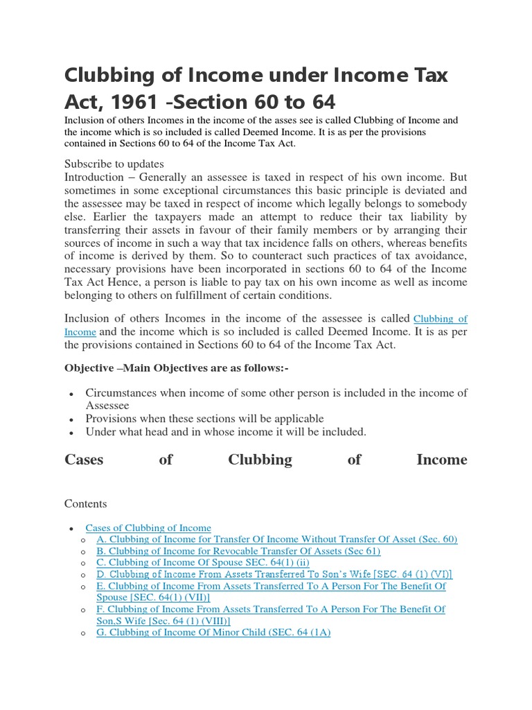 Clubbing of Income: Sections 60-64 Explained | PDF | Income Tax | Taxes