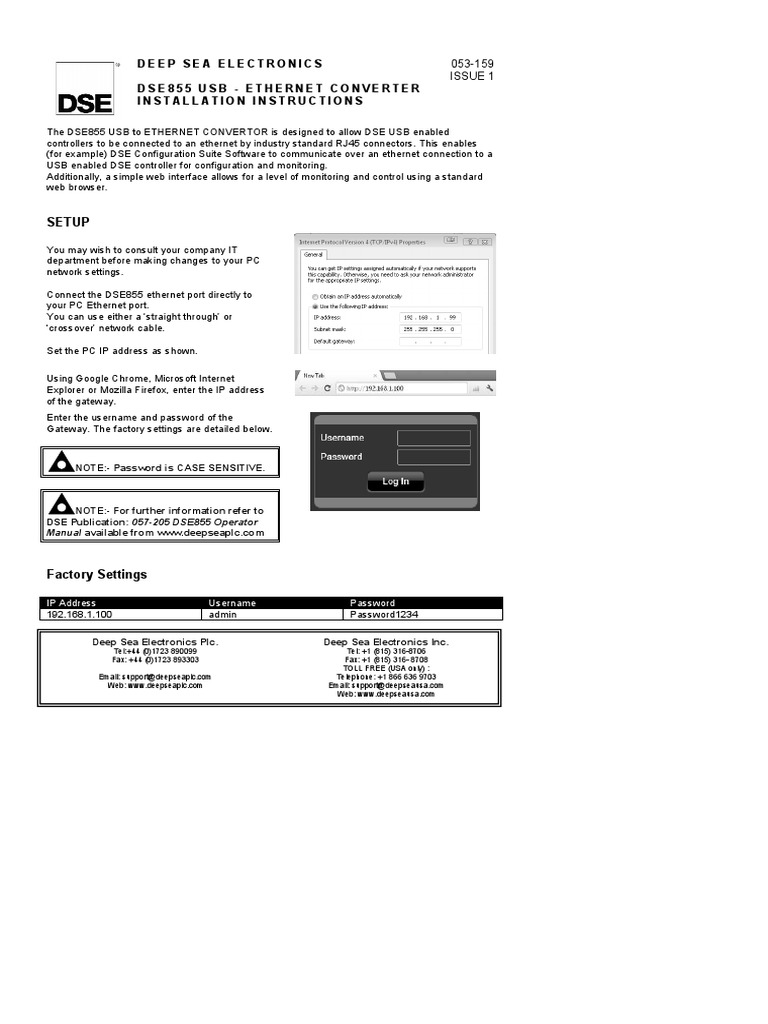 Setup: Deep Sea Electronics Dse855 Usb - Ethernet Converter ...