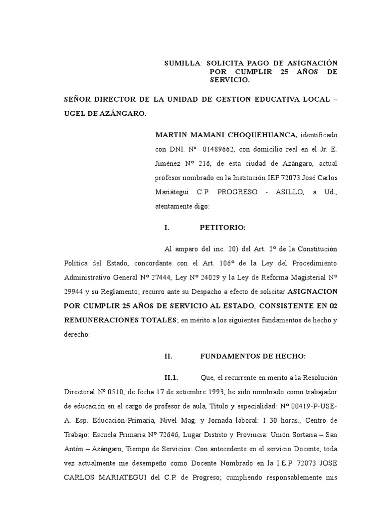 Asignacion Beneficios 25 Años Martin Mamani Choquehuanca | PDF ...