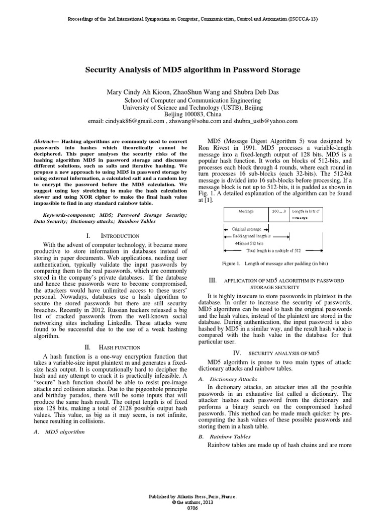 Md5 Algorithm Analysis Pdf Password Computer Security Exploits
