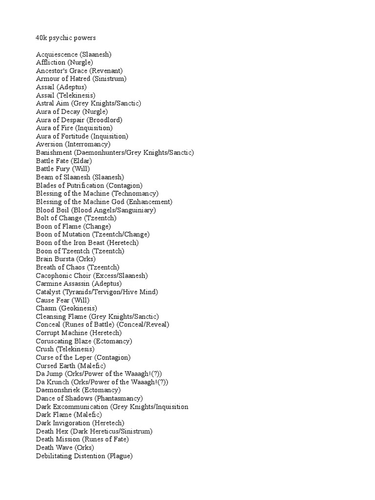 List of 40k Psychic Powers Alphabetical