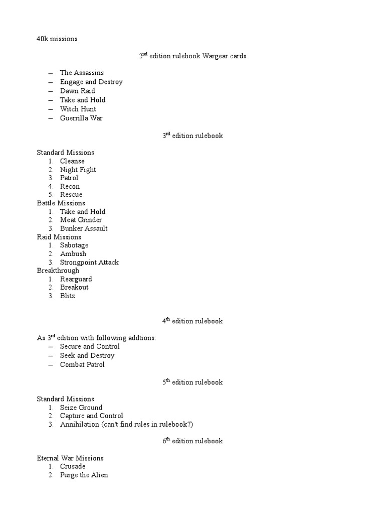 40k Missions List | PDF | Military | Military Science