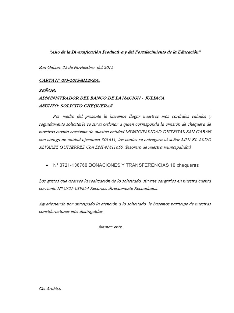 Solicitud de Chequeras para Municipalidad | PDF | Finanzas y dinero ...