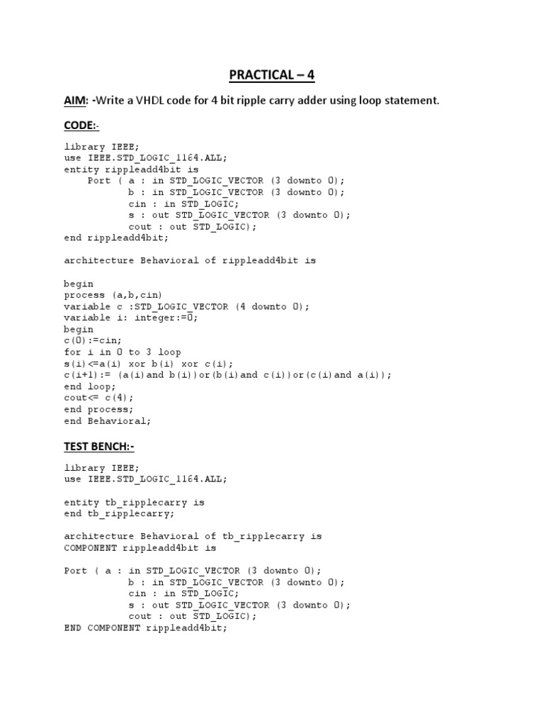 VHDL Code for 4-Bit Ripple Carry Adder | PDF