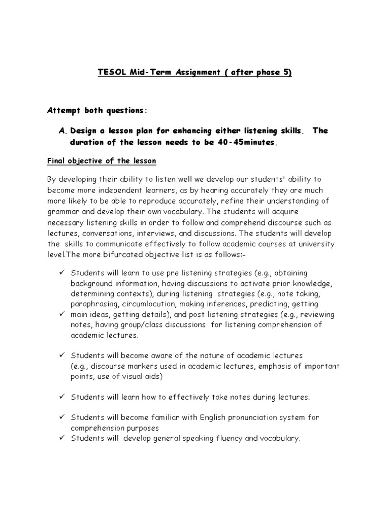 TESOL Listening Skills Lesson Plan | PDF | Reading Comprehension ...