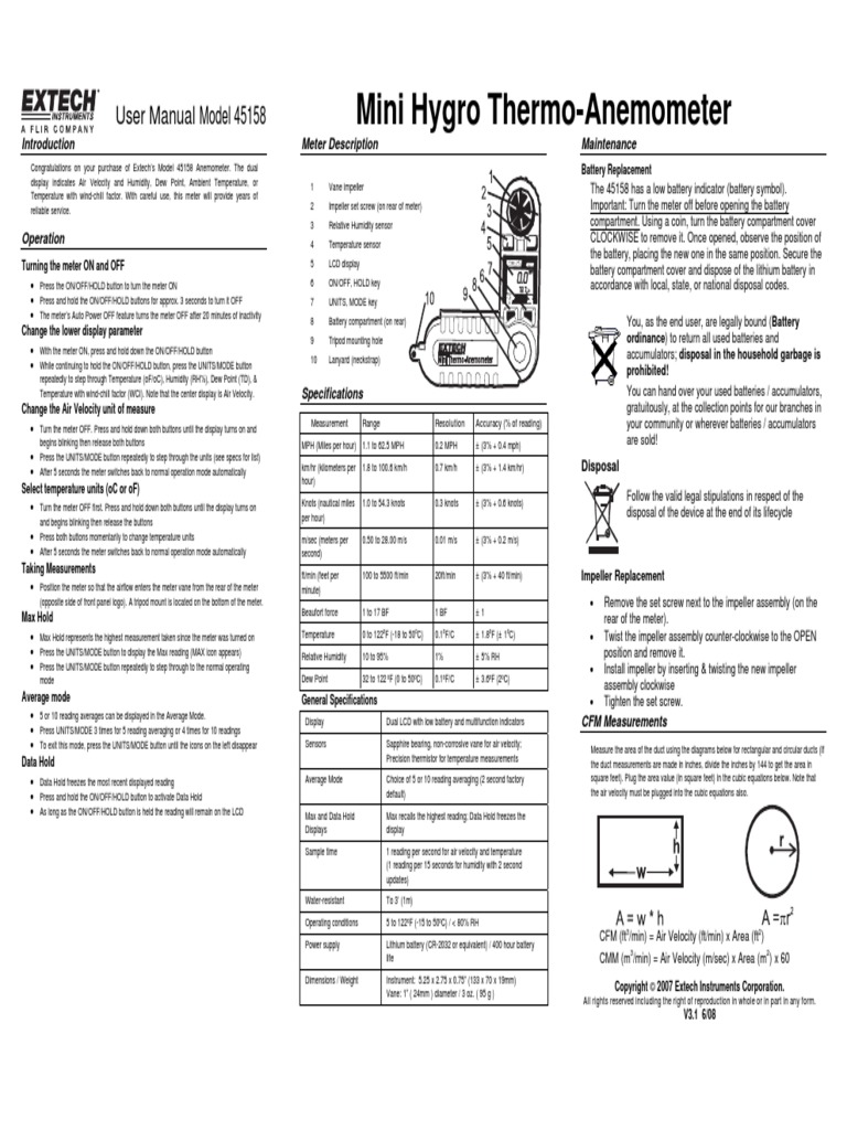 Mini Hygro Thermo-Anemometer: User Manual Model 45158 | PDF | Relative ...