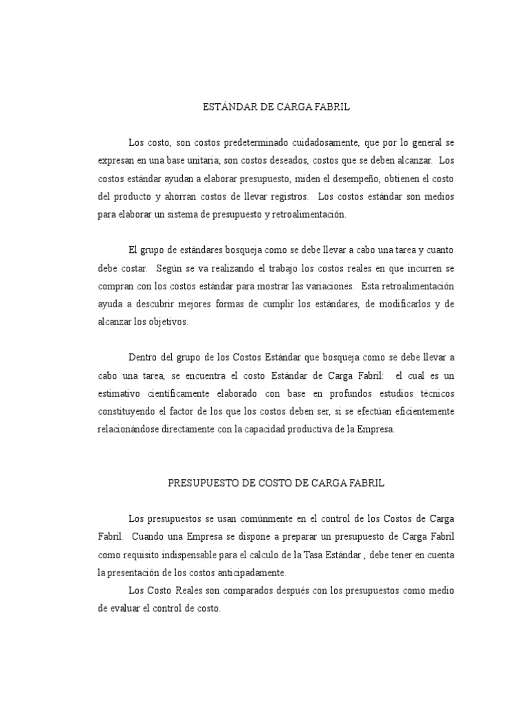 Estandar de Carga Fabril | PDF | Presupuesto | Economias