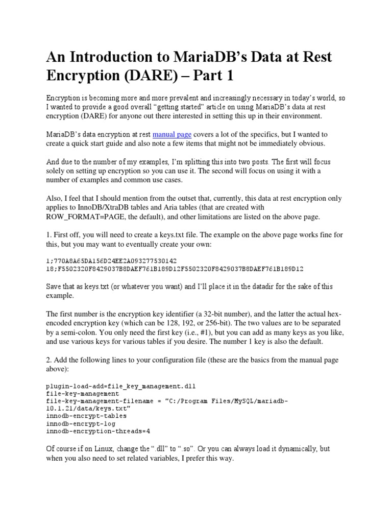 An Introduction To MariaDB's Data at Rest Encryption (DARE) - Part 1 | Download Free PDF | Text ...