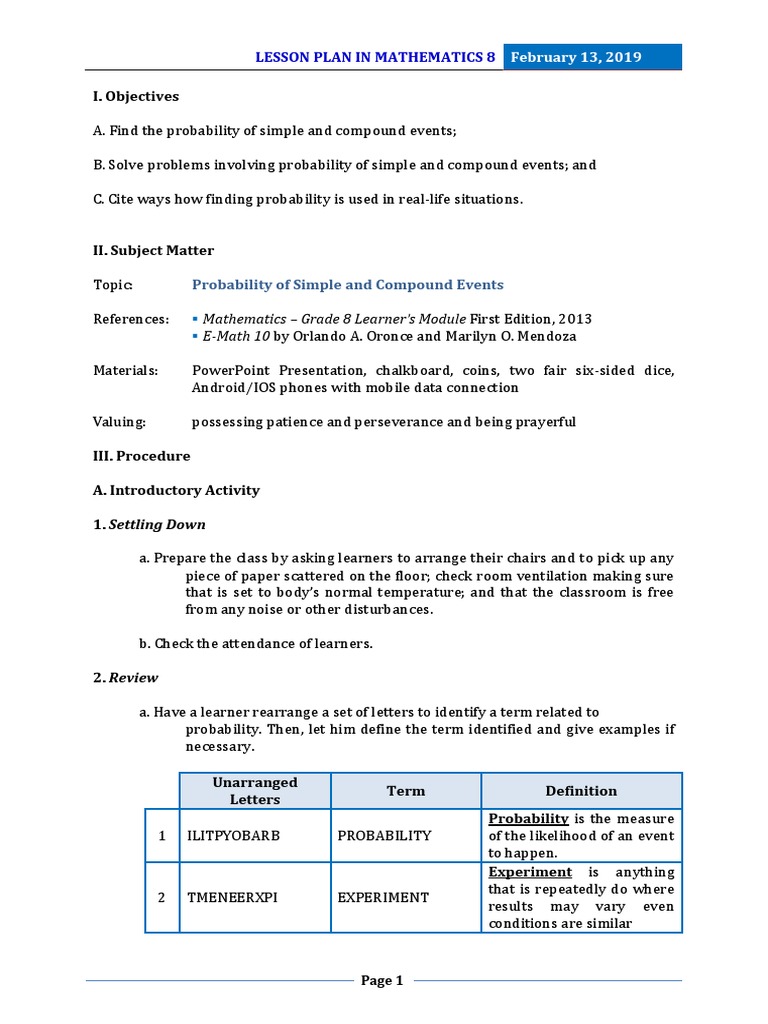 Lesson Plan On Probability of Simple Eve PDF | PDF | Probability ...