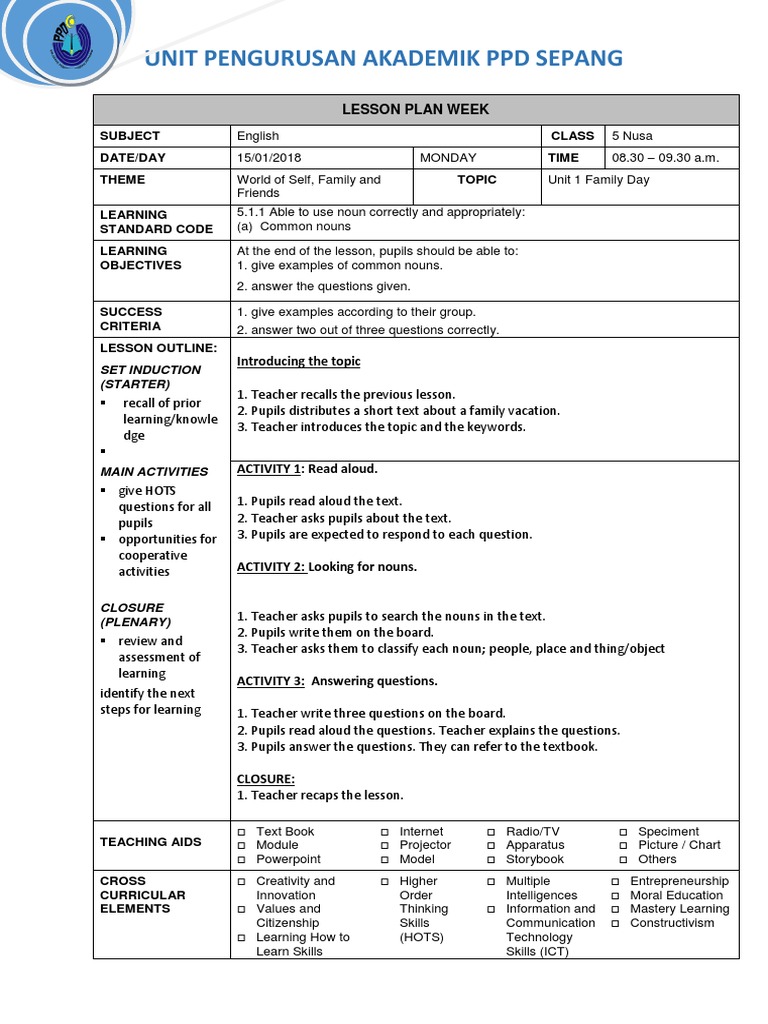 Unit Pengurusan Akademik PPD Sepang: Lesson Plan Week | PDF ...