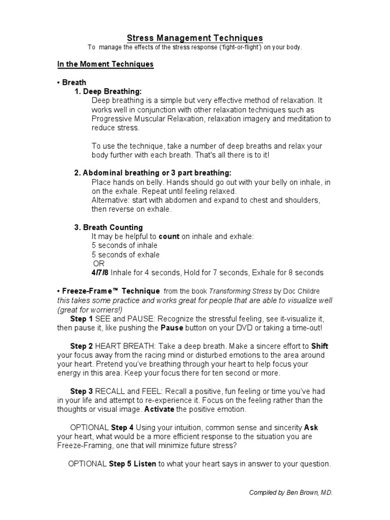 Stress Management Techniques | PDF | Relaxation (Psychology) | Breathing