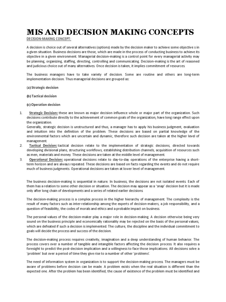 Mis and Decision Making Concepts | PDF | Decision Making | Cognition