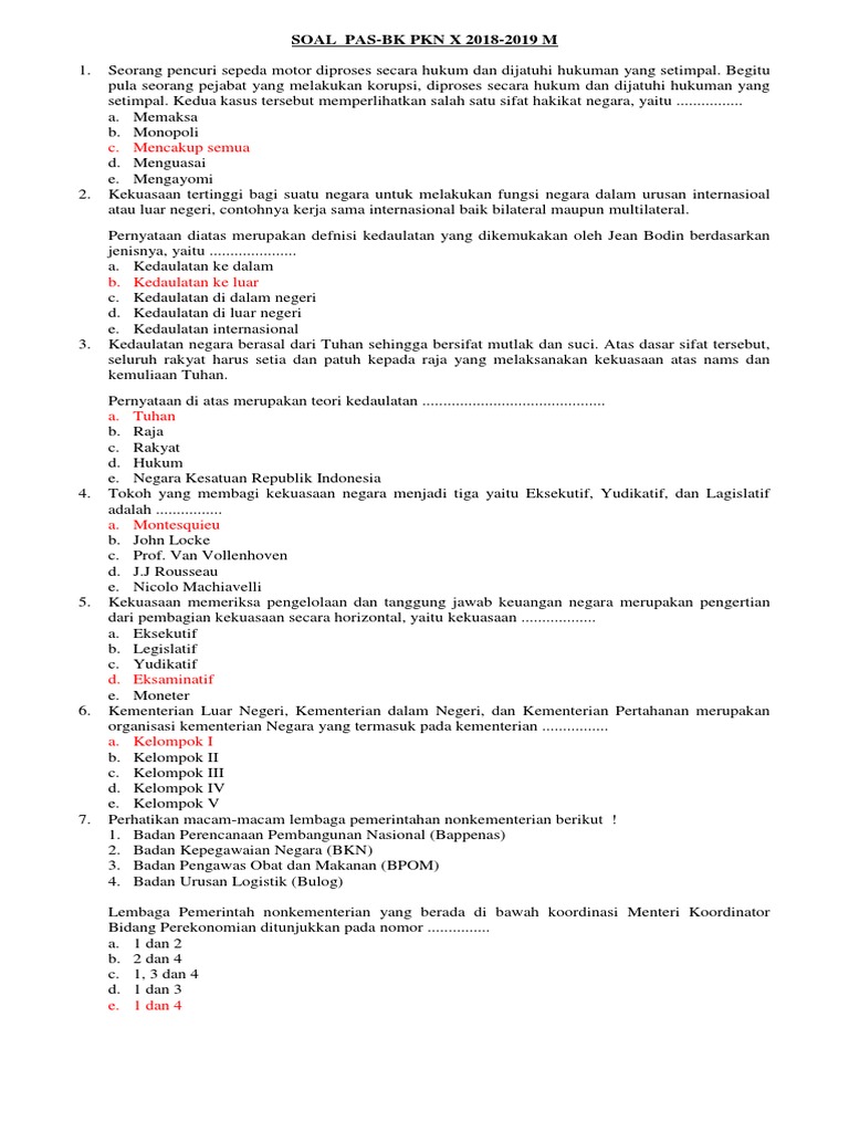 Soal Pas PKN X - 2018-2019 | PDF